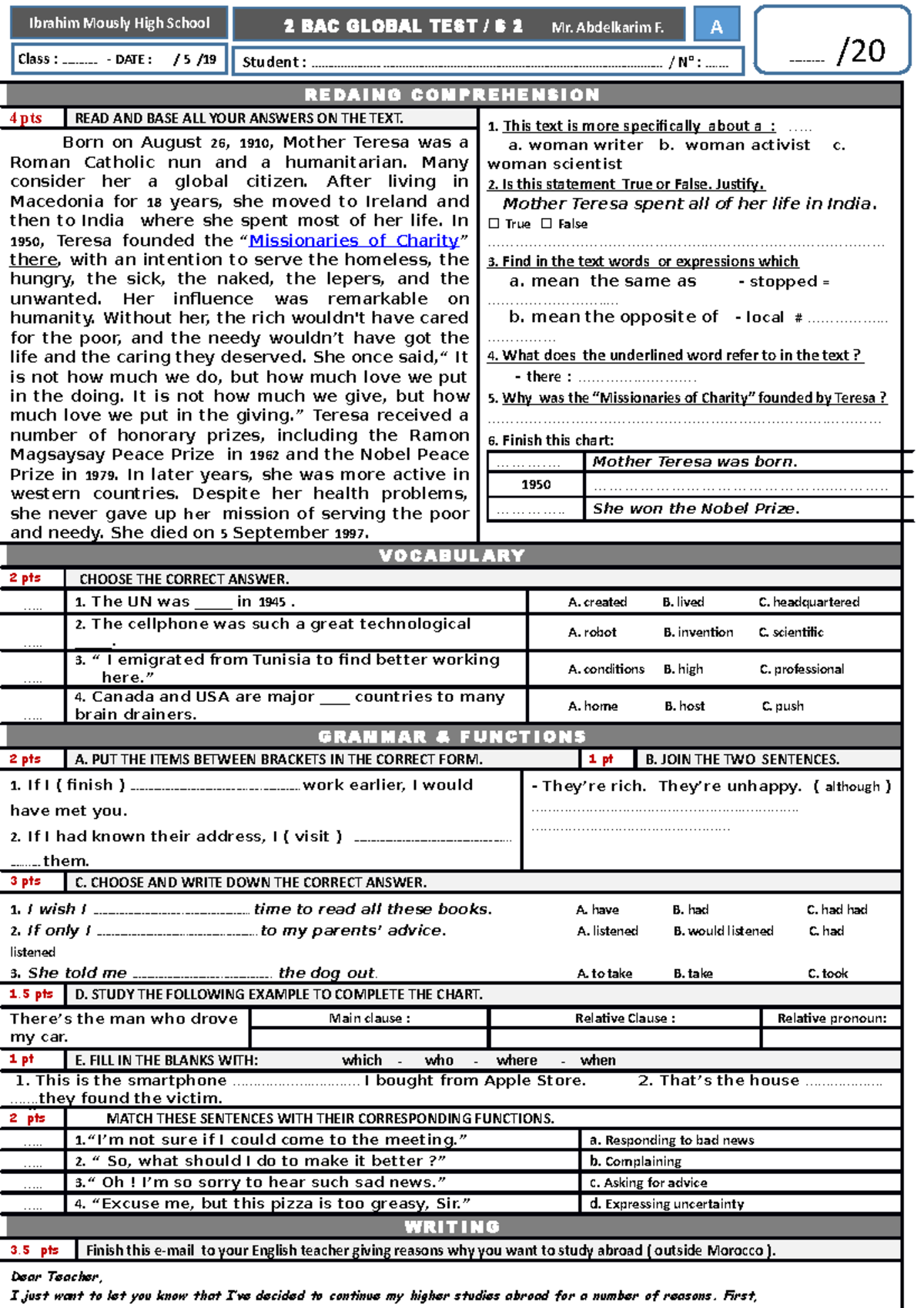 2 BAC Global Test S2 2018: Reading, Vocabulary & Grammar Exercises ...