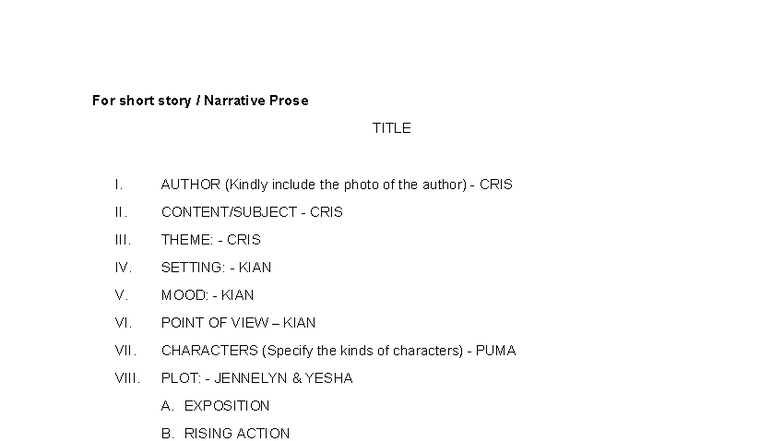 Guidelines for Prose Analysis: Short Story Narrative Elements - Studocu