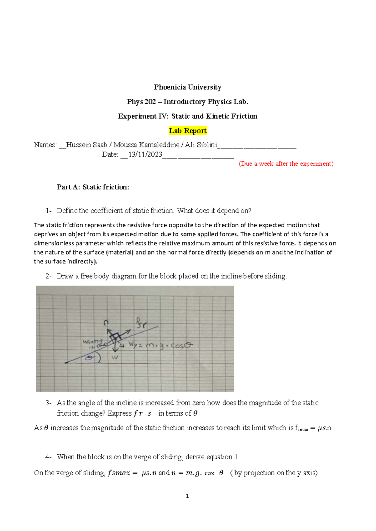 Phys 202 Final Lab Report: Static & Kinetic Friction Experiment - Studocu