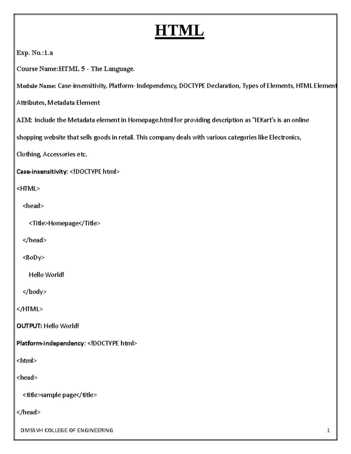 HTML 5 Course: Metadata, Elements, and Attributes - Exp. No. 1.a - Studocu
