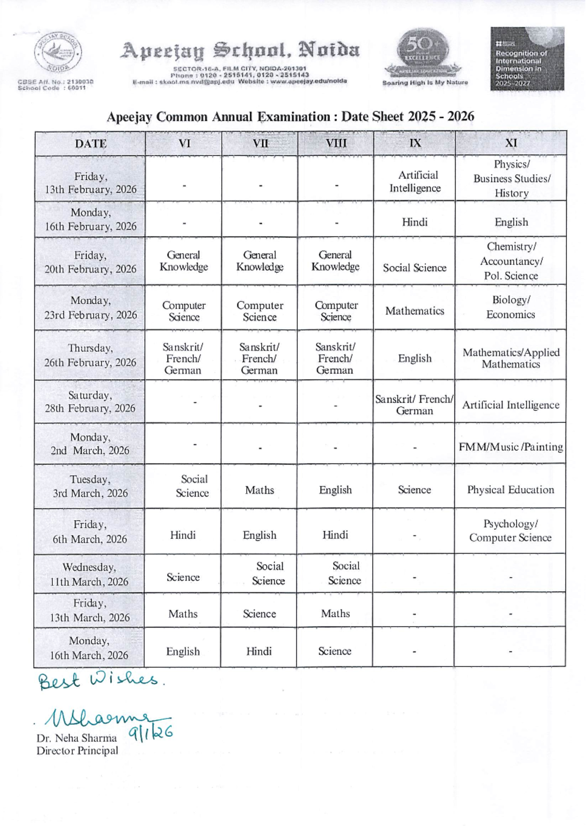 Apeejay School Common Annual Exam Date Sheet 2025-26 - Studocu