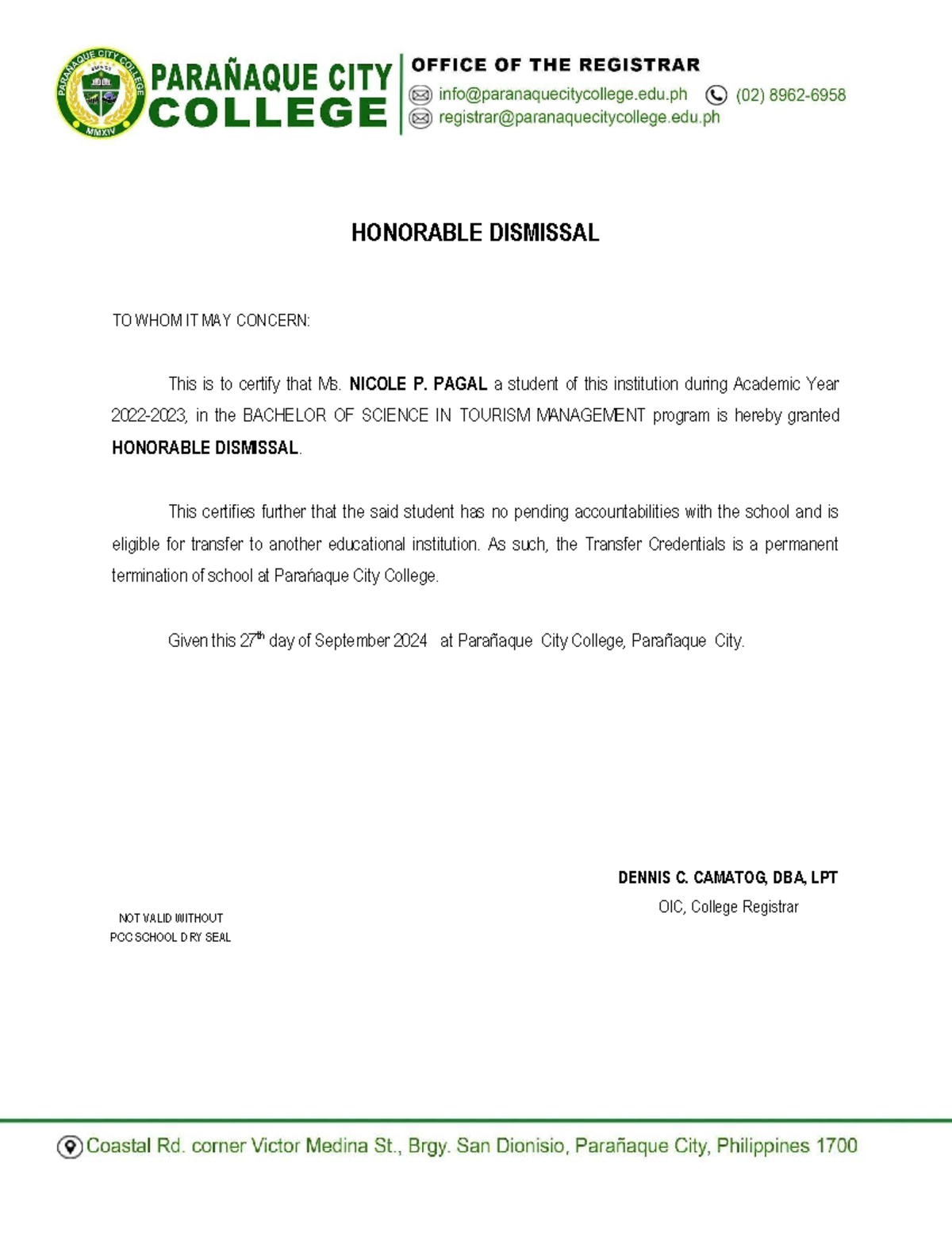 UF REG 016 HON - Honorable Dismissal Certificate for Ms. Pagal - Studocu