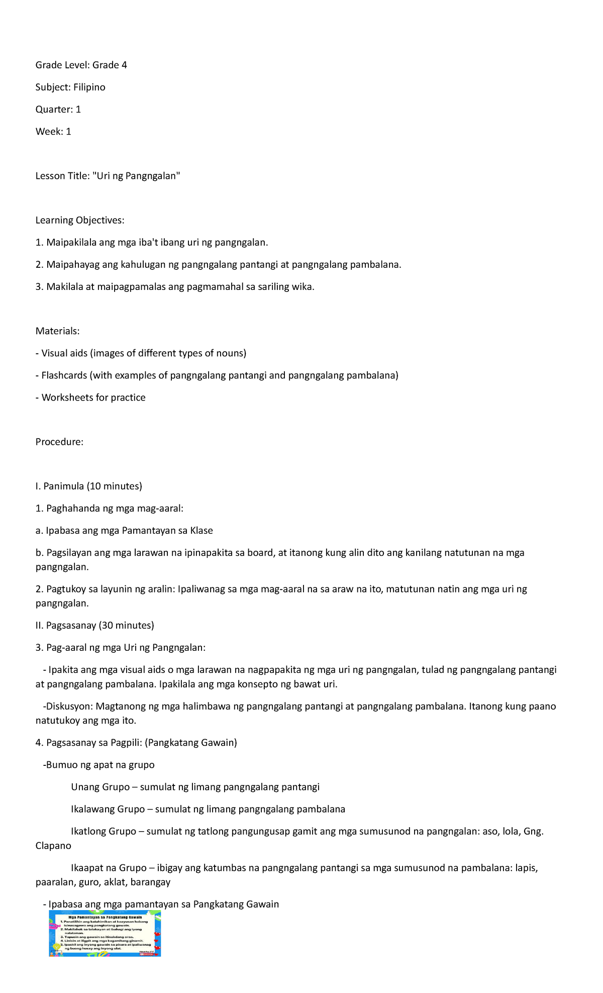 COT Filipino 4: Quarter 1 Lesson on Uri ng Pangngalan - Studocu