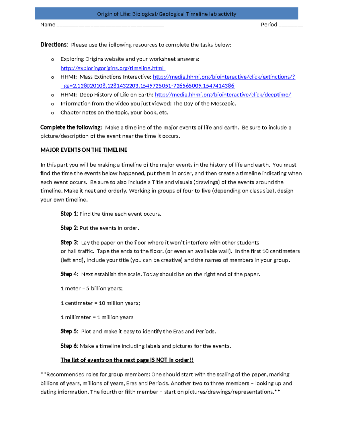 HHMI Origin of Life: Biological Timeline Activity (8)-2 2 - Studocu