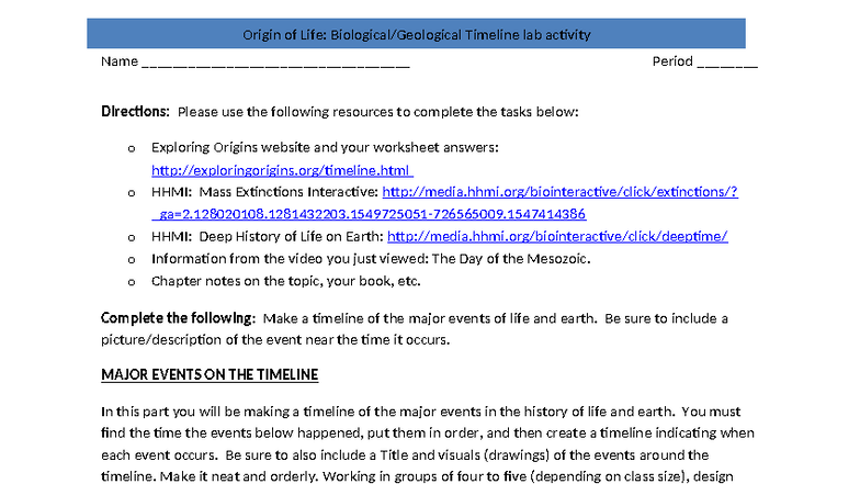 HHMI Origin of Life: Biological Timeline Activity (8)-2 2 - Studocu
