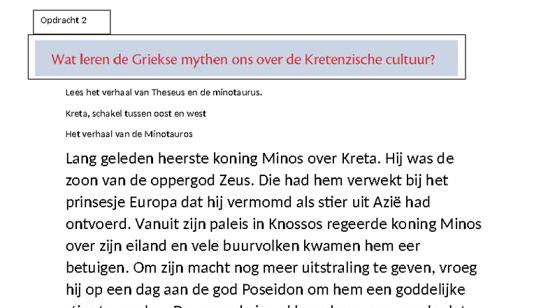 Hoofdstuk 4 Opdracht 2: De Mythe van de Minotaurus en Theseus - Studocu