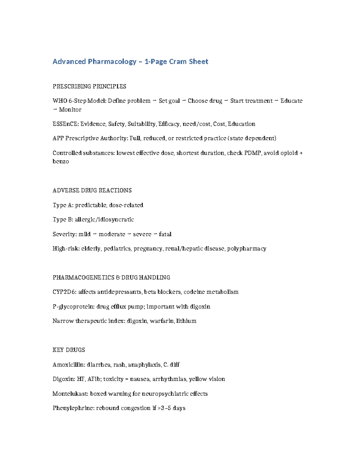 Advanced Pharmacology Cram Sheet: Key Prescribing Principles and Drugs ...