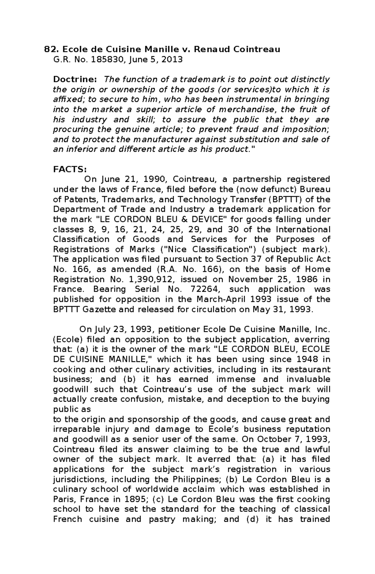 COMM LAW 2 IPC Cases 82 92 - Ecole de Cuisine Manille v. Renaud ...