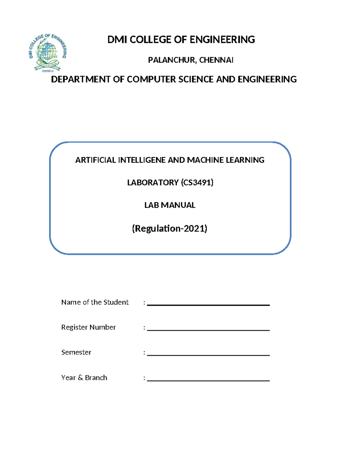 LAB Manual for CS3491: Artificial Intelligence & Machine Learning - Studocu