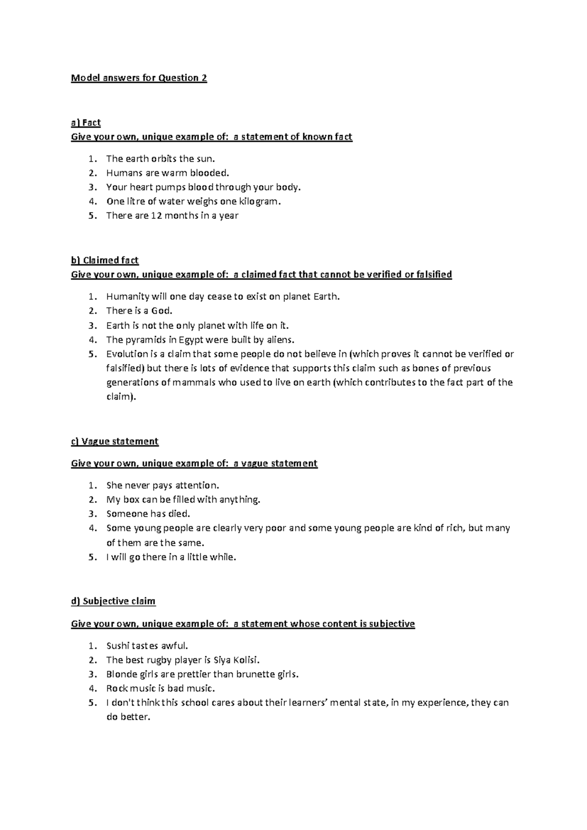 Activity 1 2023: Model Answers for Question 2 - Facts & Claims - Studocu