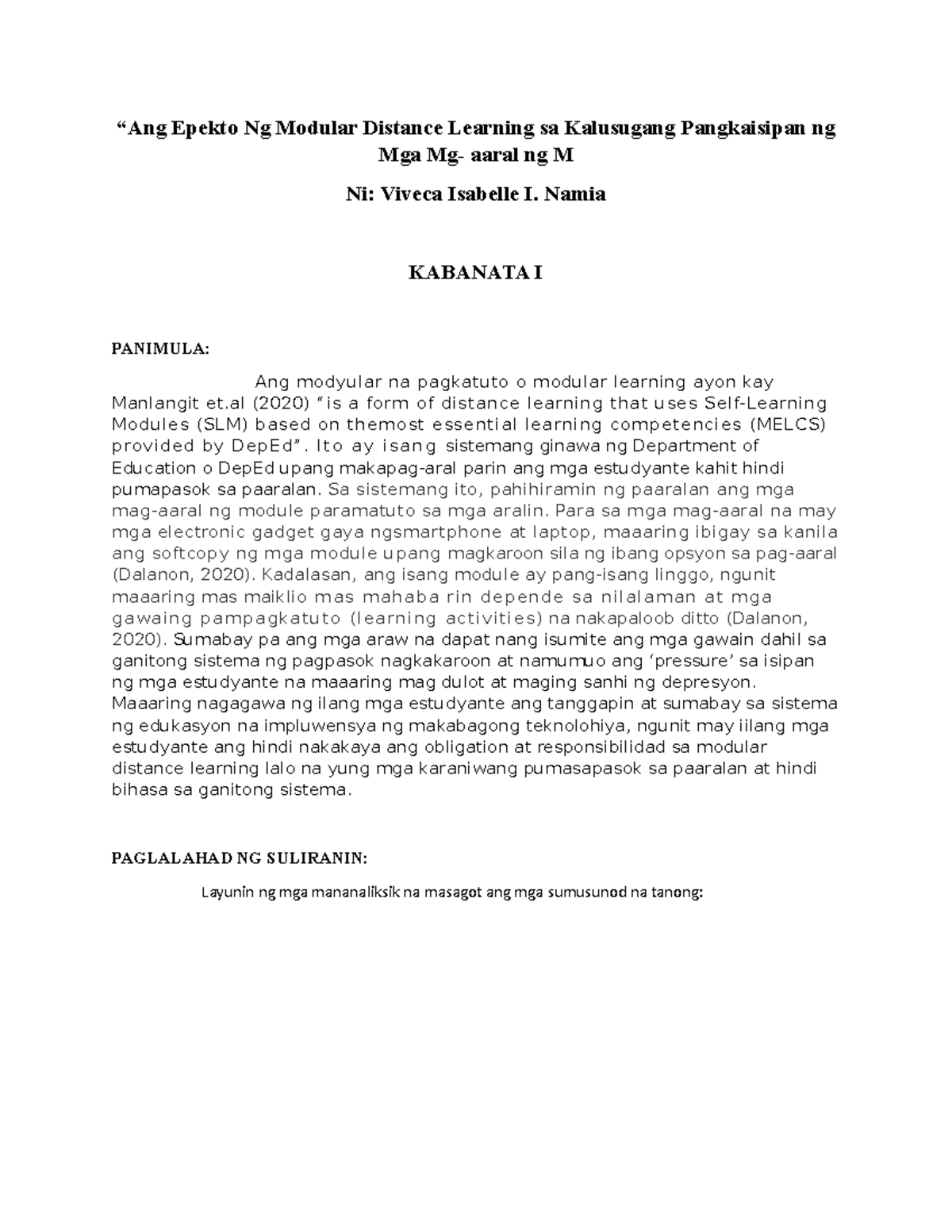 Ang Epekto Ng Modular Distance Learning sa Kalusugang Pangkaisipan ng ...