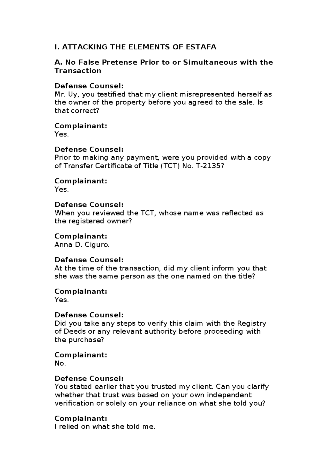 Cross-Examination Checklist Draft: Elements of Estafa Analysis - Studocu