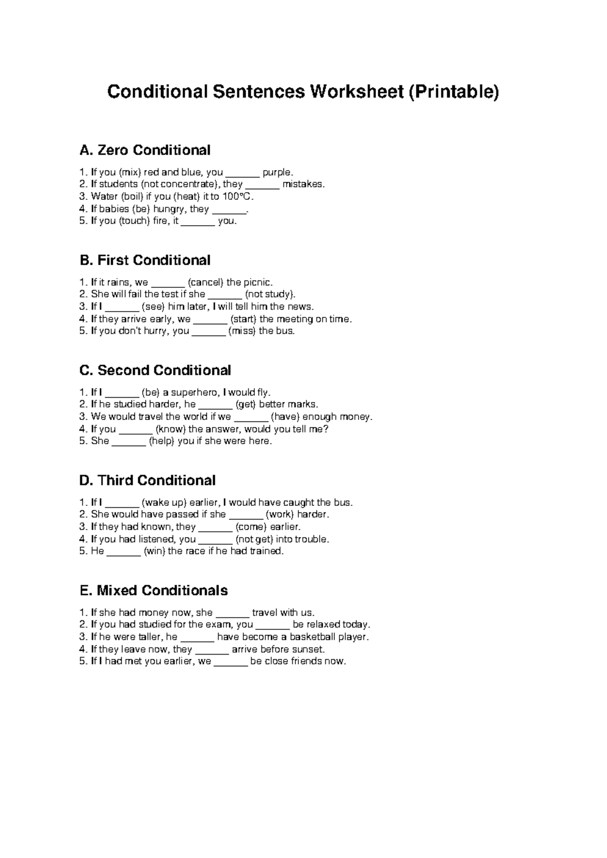 Conditional Sentences Worksheet (Printable) - Classwork - Studocu
