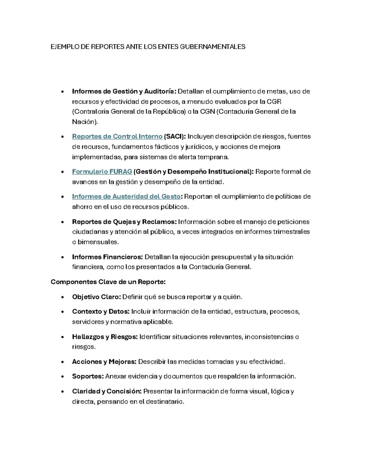 Ejemplo de Reportes Gubernamentales: Gestión y Auditoría - Studocu