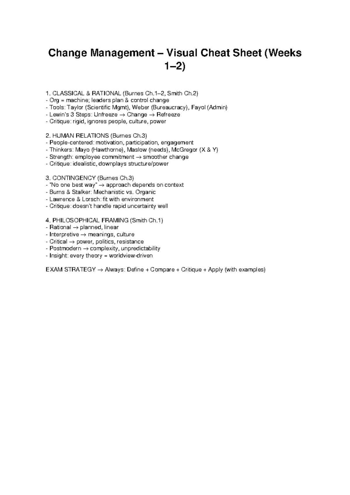 Change Management Cheat Sheet: Weeks 1-2 Overview & Strategies ...