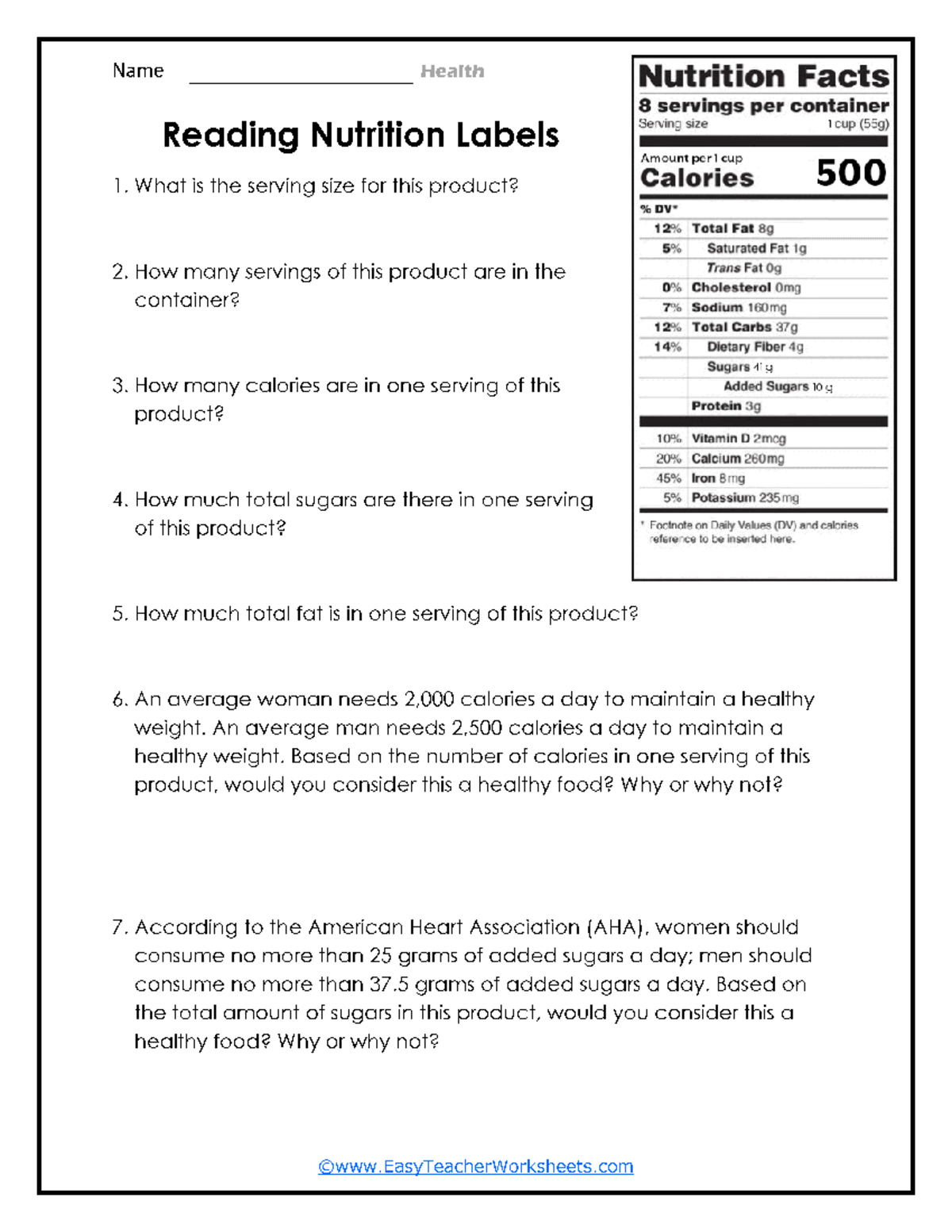 Nutrition label - easy - Name Health Nutrition Facts 8 servings per ...