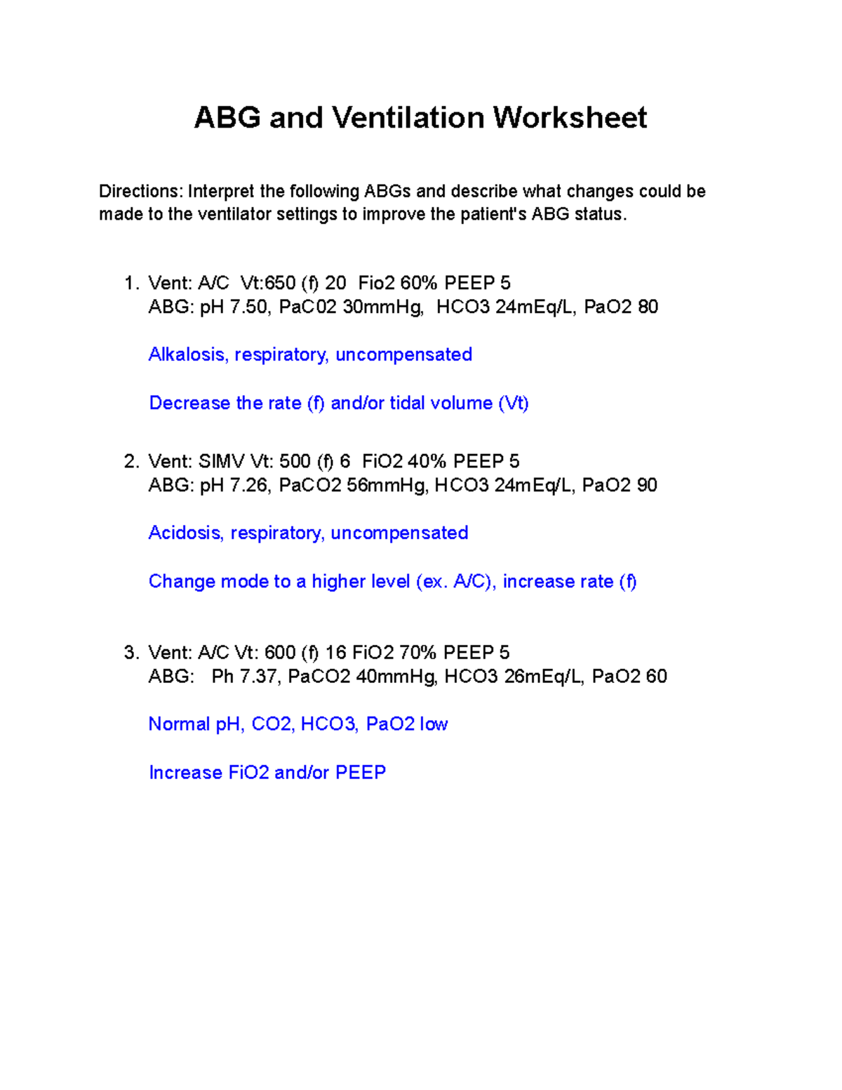 ABG and Ventilation Answer Key - ABG and Ventilation Worksheet ...