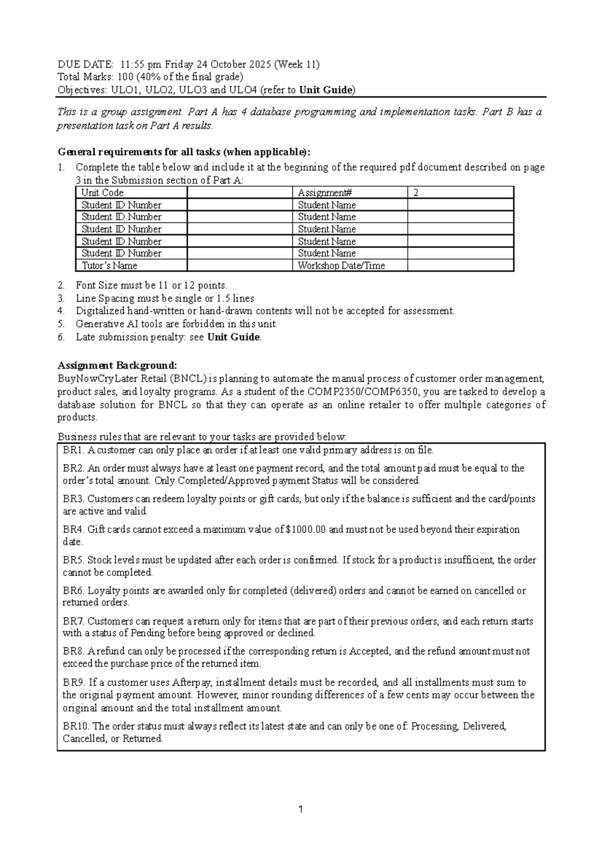 Database Assignment 2: Group Project for BNCL (Week 11) - Studocu