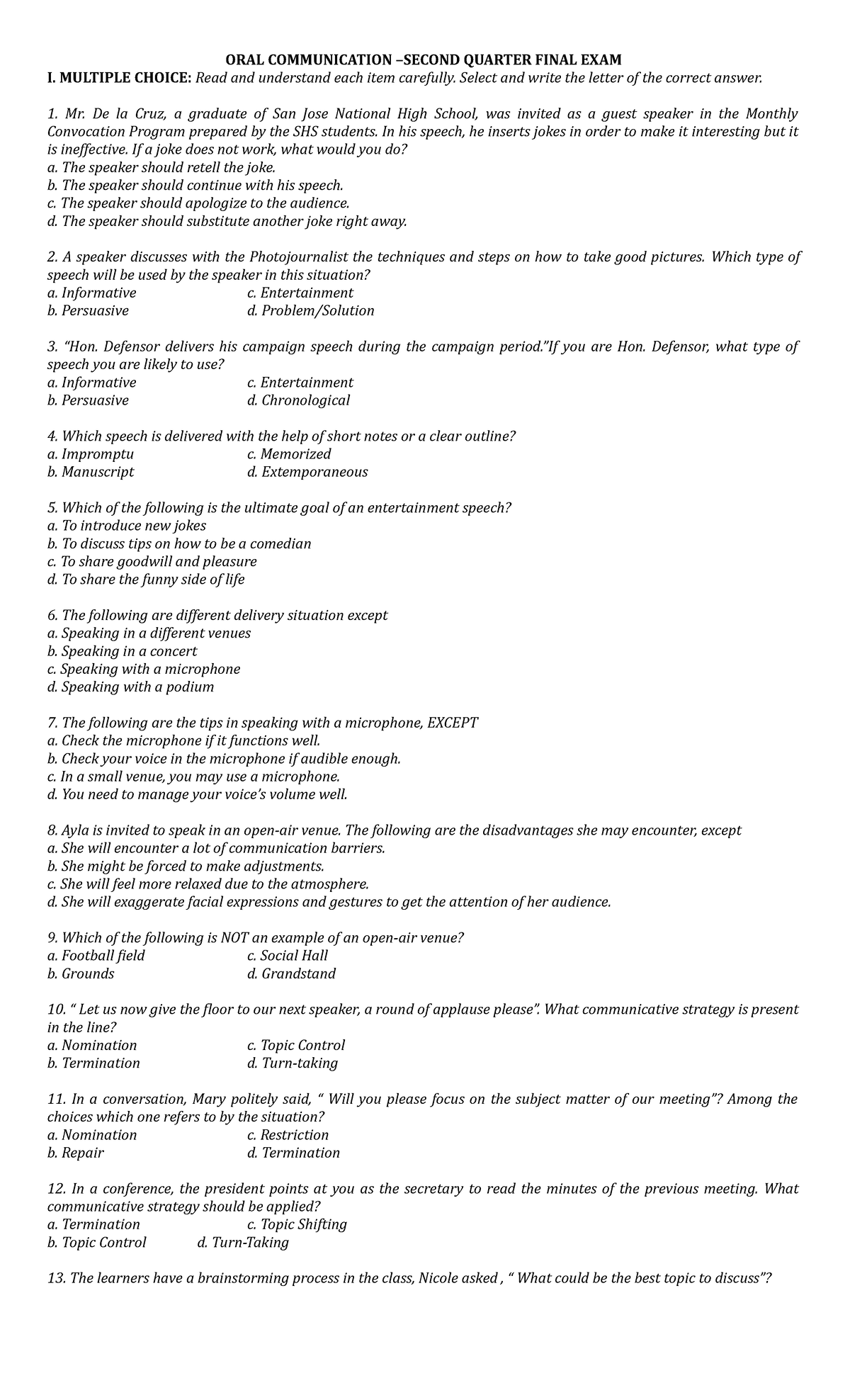 Oral Communication (Final Exam) 2nd Quarter - First Semester - Studocu
