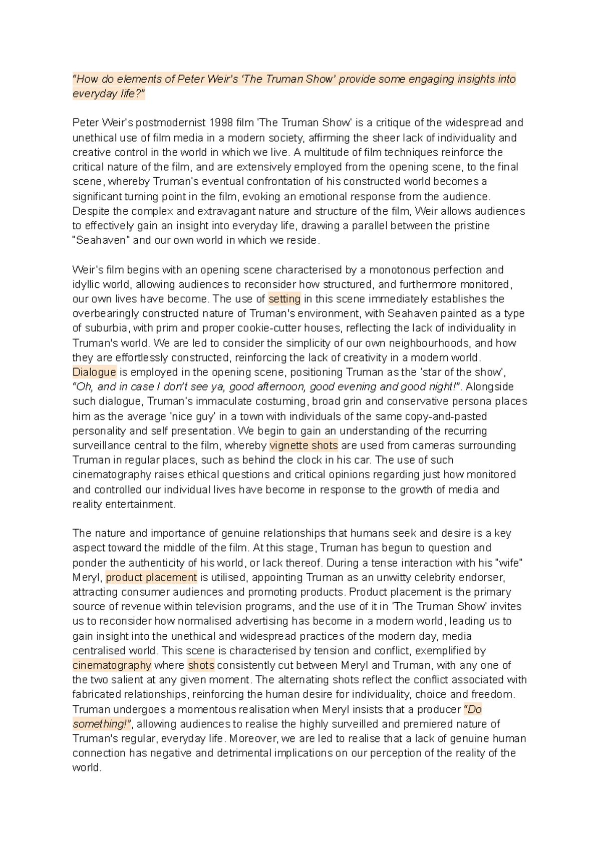 English Standard - Truman Show Essay - “How do elements of Peter Weir’s ...