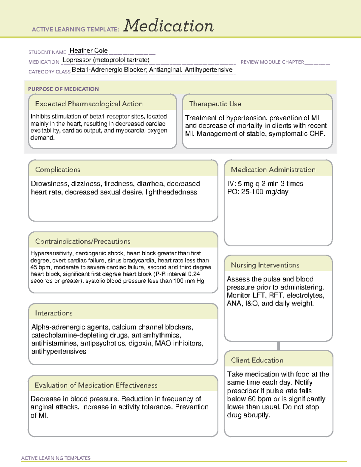 Lopressor (Metoprolol) Drug Card: Key Information & Nursing Care - Studocu