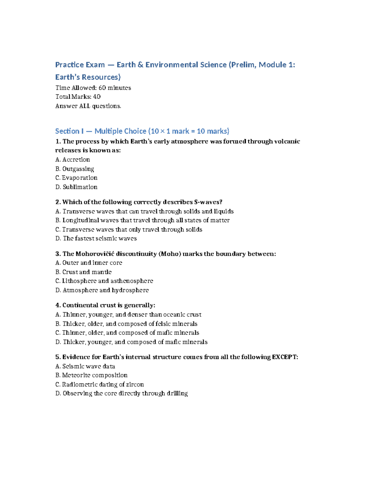 EES Module 1 Expanded Practice Exam: Resources & Earth Systems - Studocu