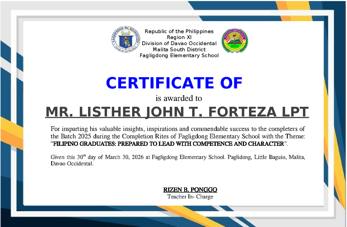 Certificate of Appreciation - Mr. Listher John T. Forteza - Batch 2025 ...
