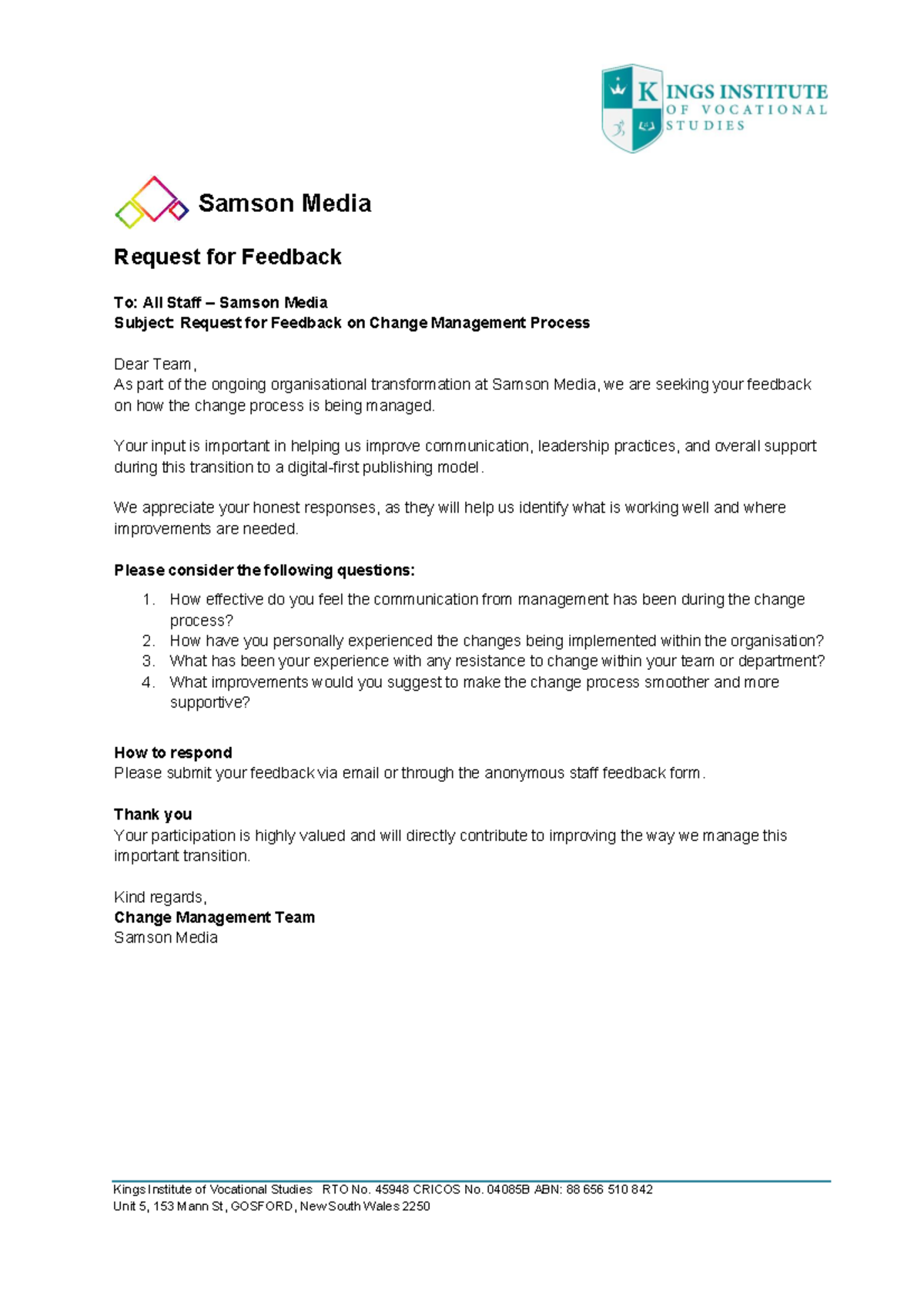 Bsbldr 811 Feedback Request on Change Management Process - Studocu