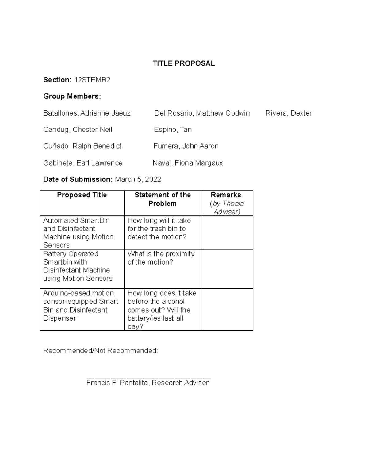 Group 1 Title Proposal and SOP - TITLE PROPOSAL Section: 12STEMB Group ...