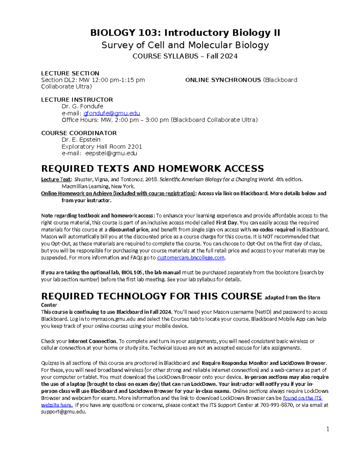 BIOL103 Syllabus: Intro to Biology II for Fall 2024 - Studocu
