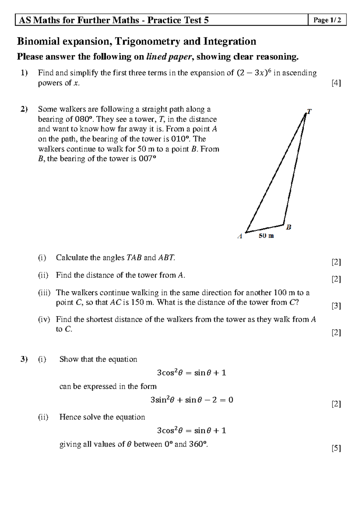 AS Maths Further Practice Test 5: Binomial, Trig & Integration - Studocu