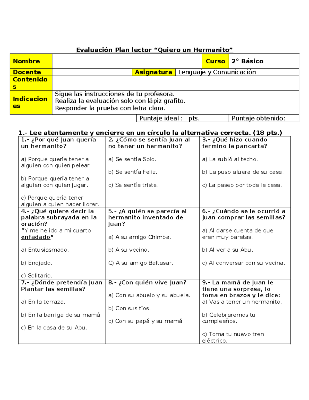Evaluación Plan lector Quiero un hermanito - Evaluación Plan lector “Quiero un Hermanito” Nombre ...