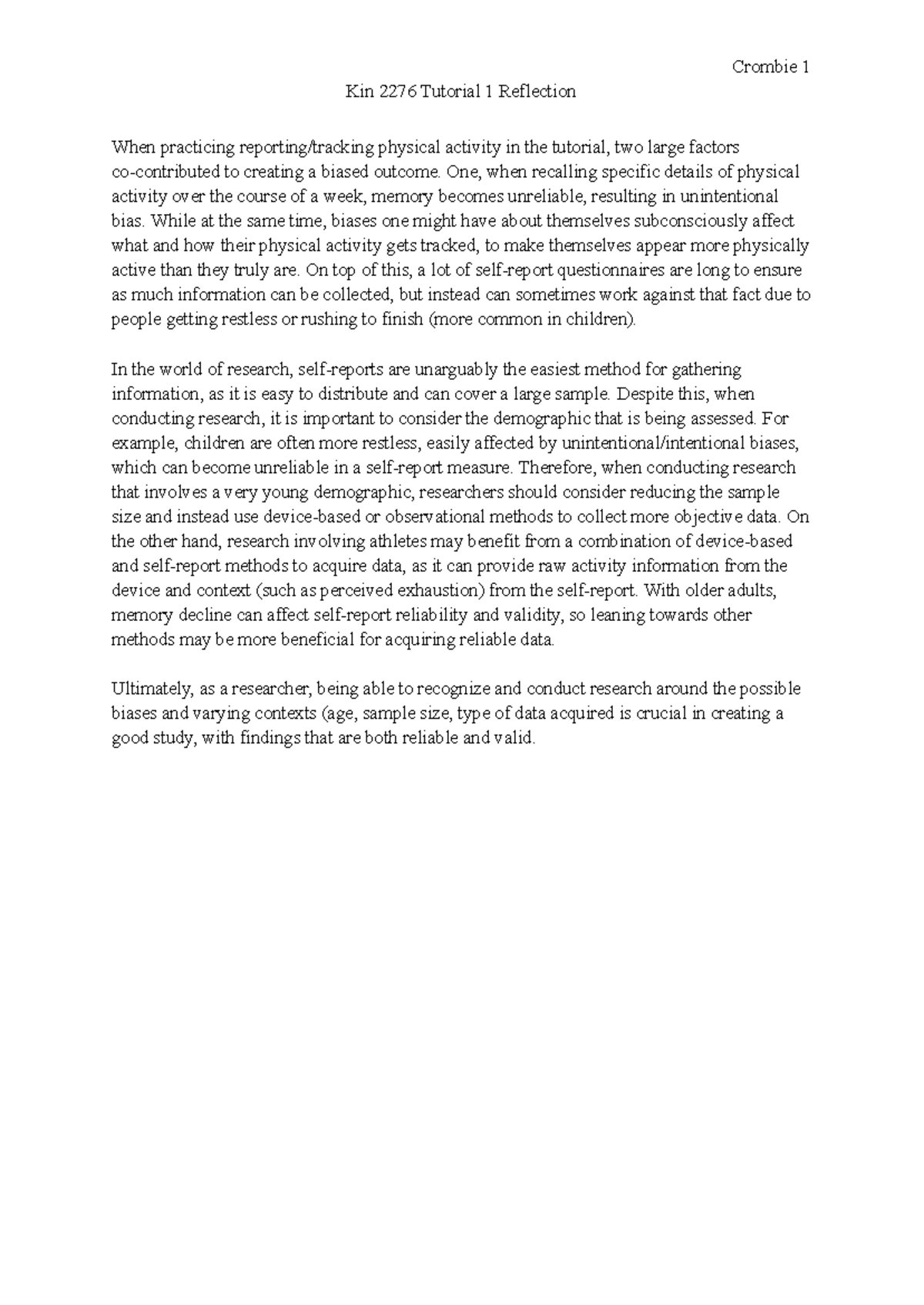 Kin 2276 Tutorial 1 Reflection on Bias in Physical Activity Research ...