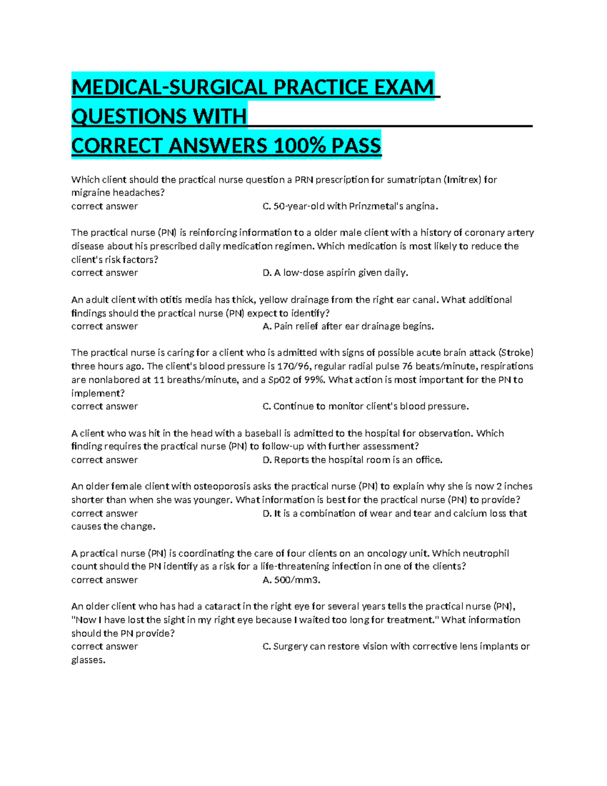 MEDICAL-SURGICAL PRACTICE EXAM QUESTIONS WITH ANSWERS - Studocu