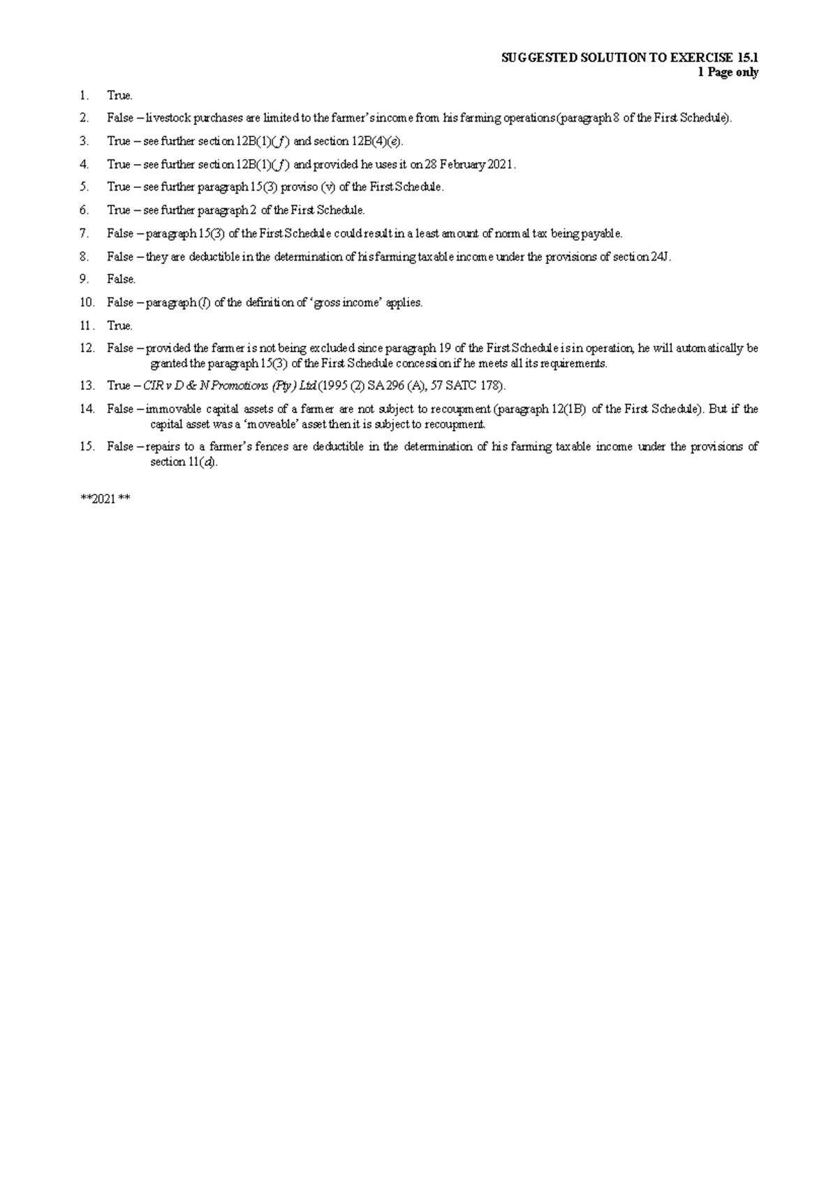 SA Income Tax Solutions - Sol15 Graded Questions 2021 - Studocu