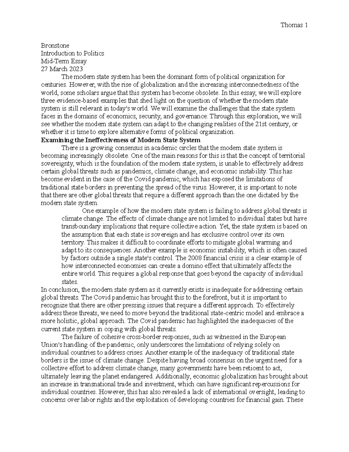 Mid-Term Essay - Evaluating the Obsolescence of State Borders in a ...