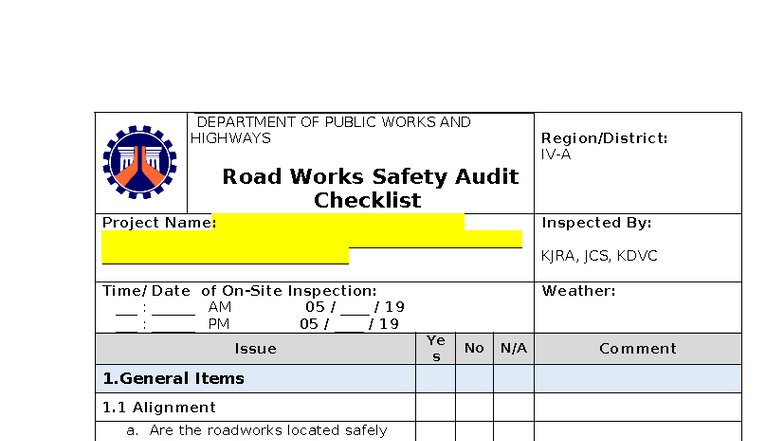 DPWH Road Works Safety Audit Checklist - Inspection Form - Studocu