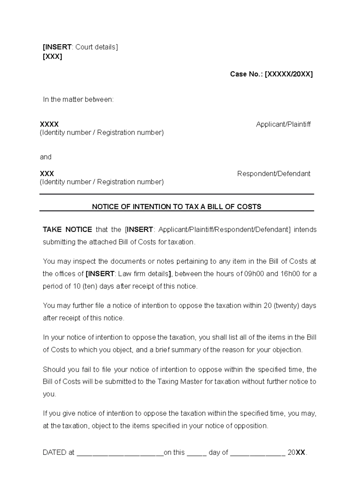 Rule 36(9)(a) Notice Example for High Court Case No. 20/ - Studocu