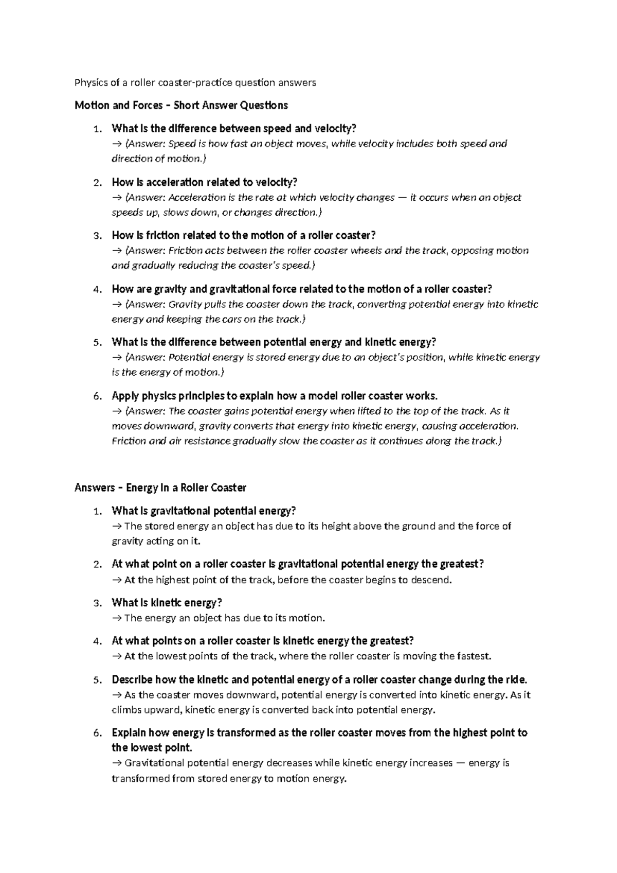 Physics of a Roller Coaster: Motion & Forces Q&A (Practice) - Studocu