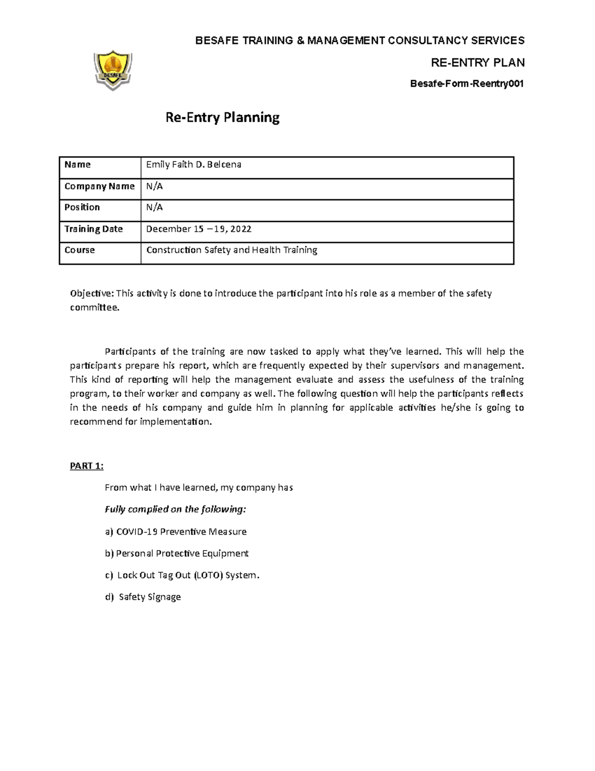 Re-Entry Plan ( Belcena) - RE-ENTRY PLAN Besafe-Form-Reentry Re-Entry ...