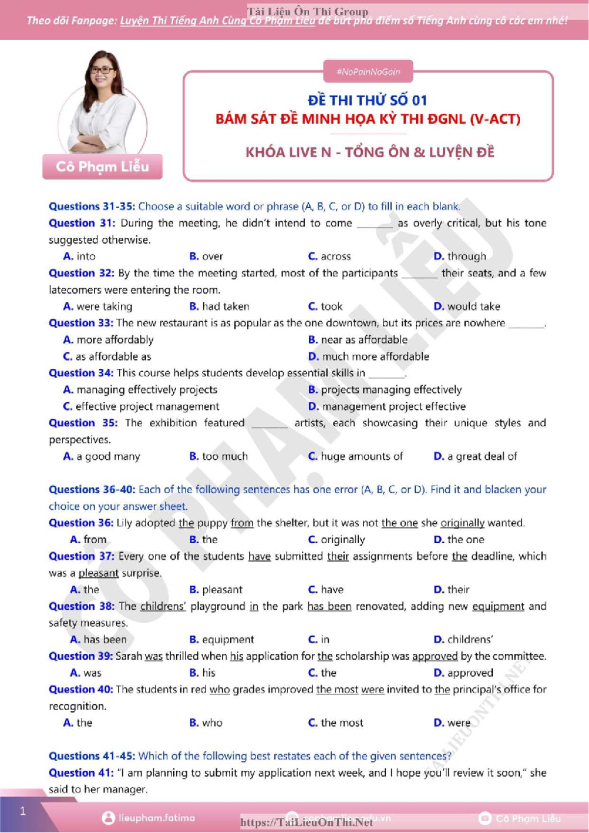 Đề Thi Thử Bám Sát Form Minh Họa Về ACT Đề Số 1 PDF - Studocu