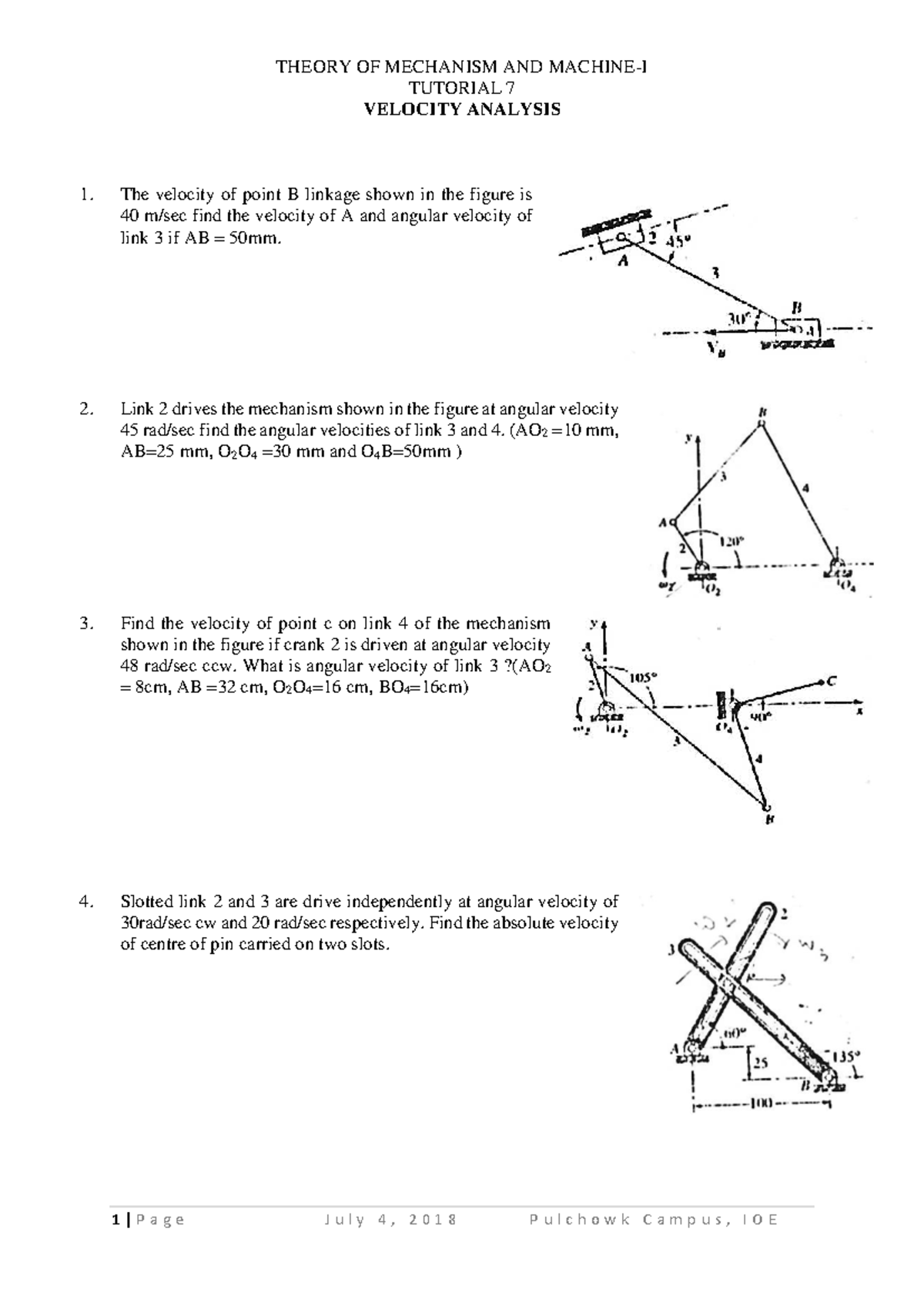 ME 101: Tutorial 7a - Velocity Analysis in Mechanisms - Studocu
