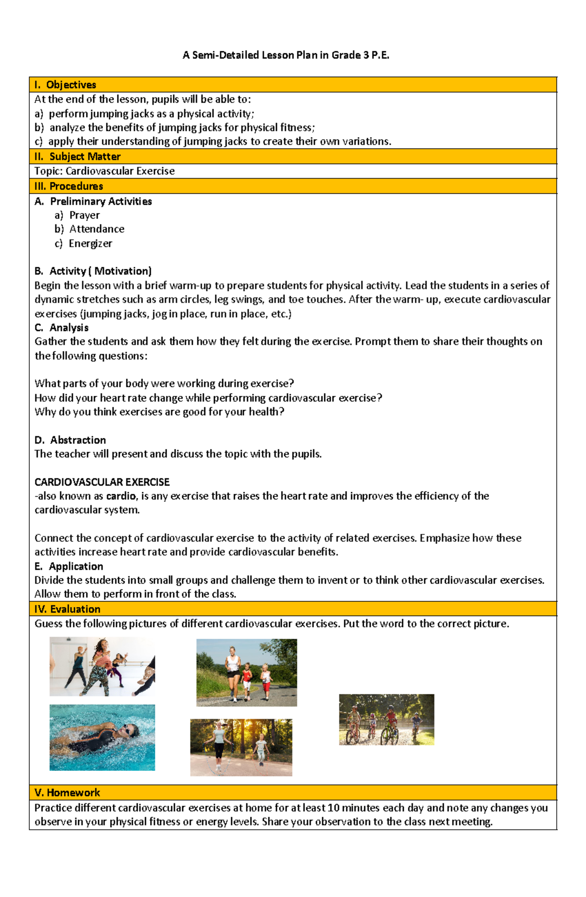 SD-LP PE3 - Semi-Detailed Lesson Plan on Cardiovascular Exercise for PE ...