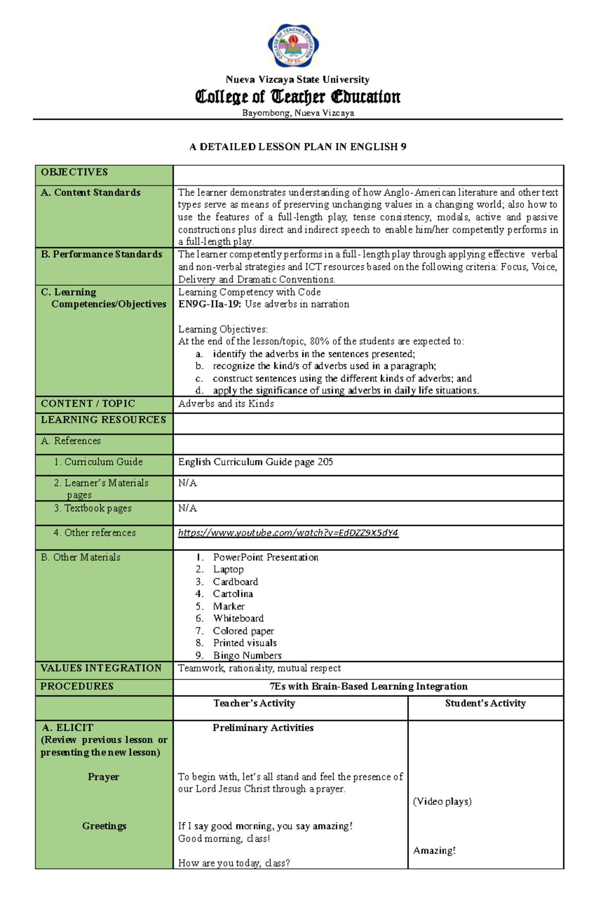 Detailed Lesson Plan on Adverbs for English 9 (EDUC 101) - Studocu