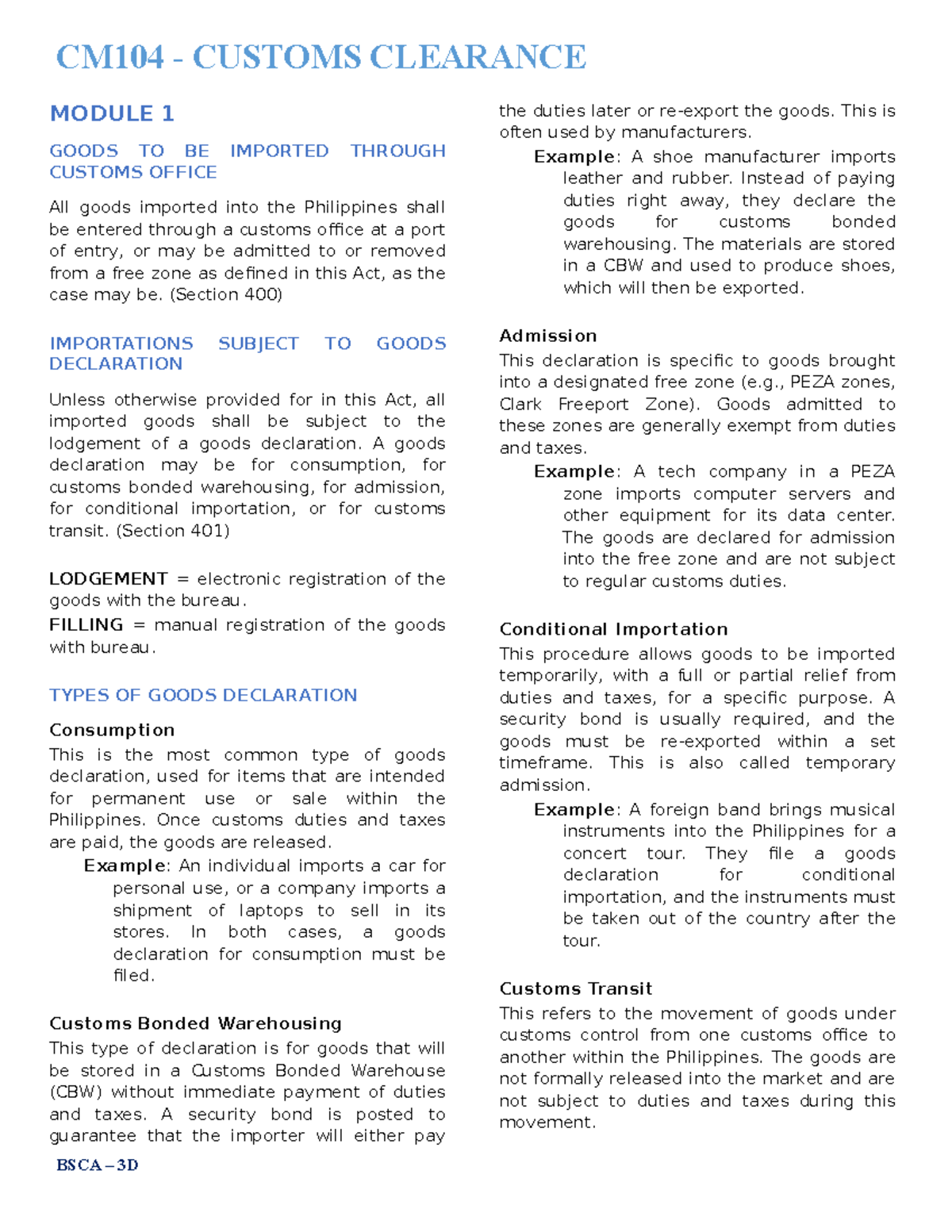 CM104 CUSTOMS CLEARANCE MODULE 1: IMPORTATION PROCESSES AND ...