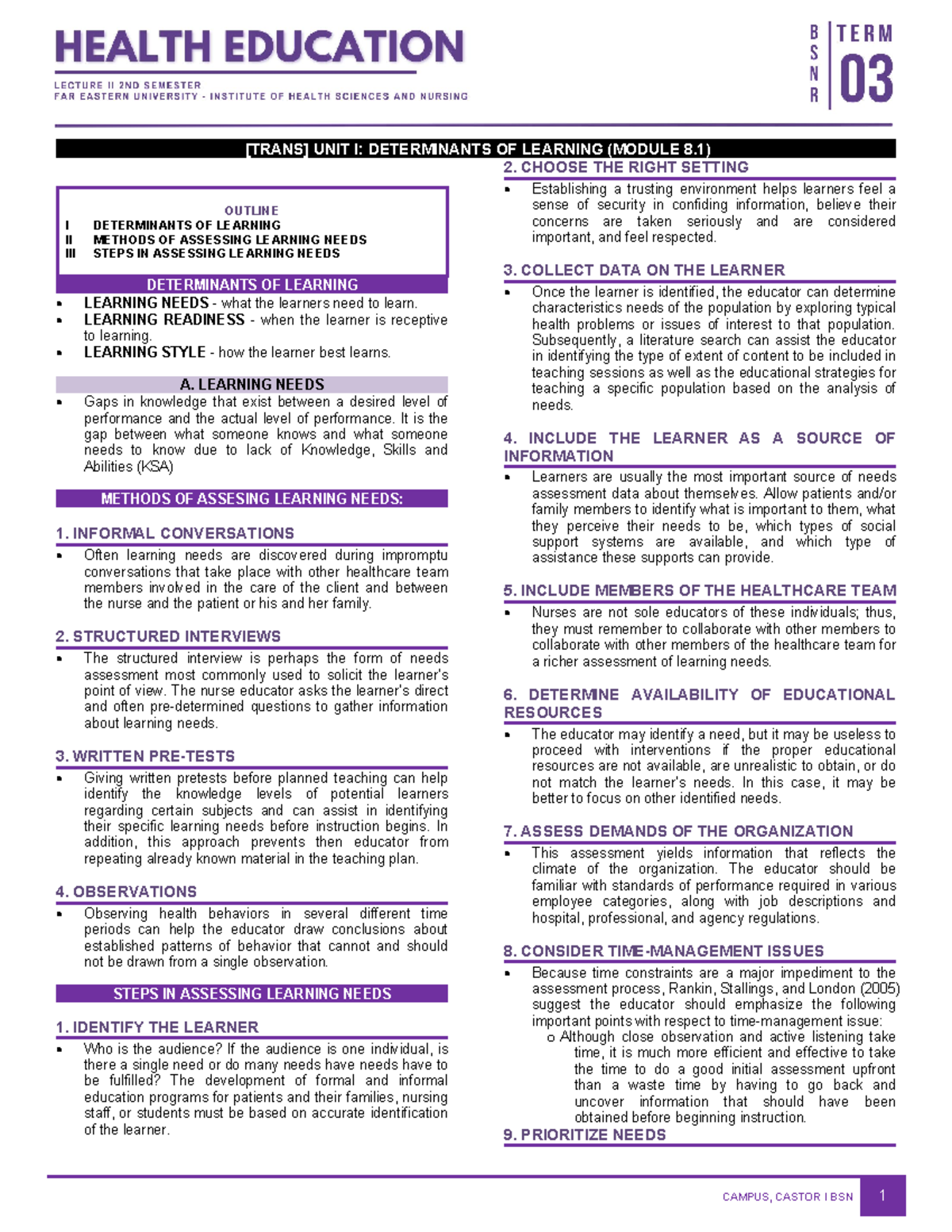 Health EDUC LEC#8.1 Understanding Determinants of Learning - Studocu
