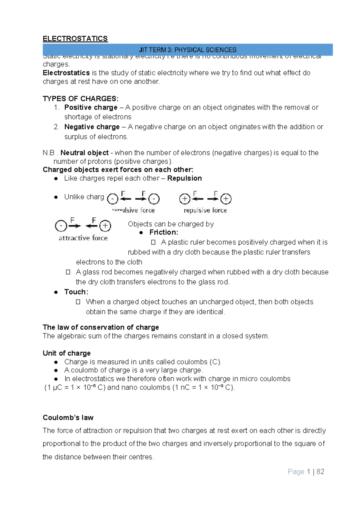 Electrostatics Revision Notes - Grade 10 - PHYSICAL SCIENCES TERM 3 ...