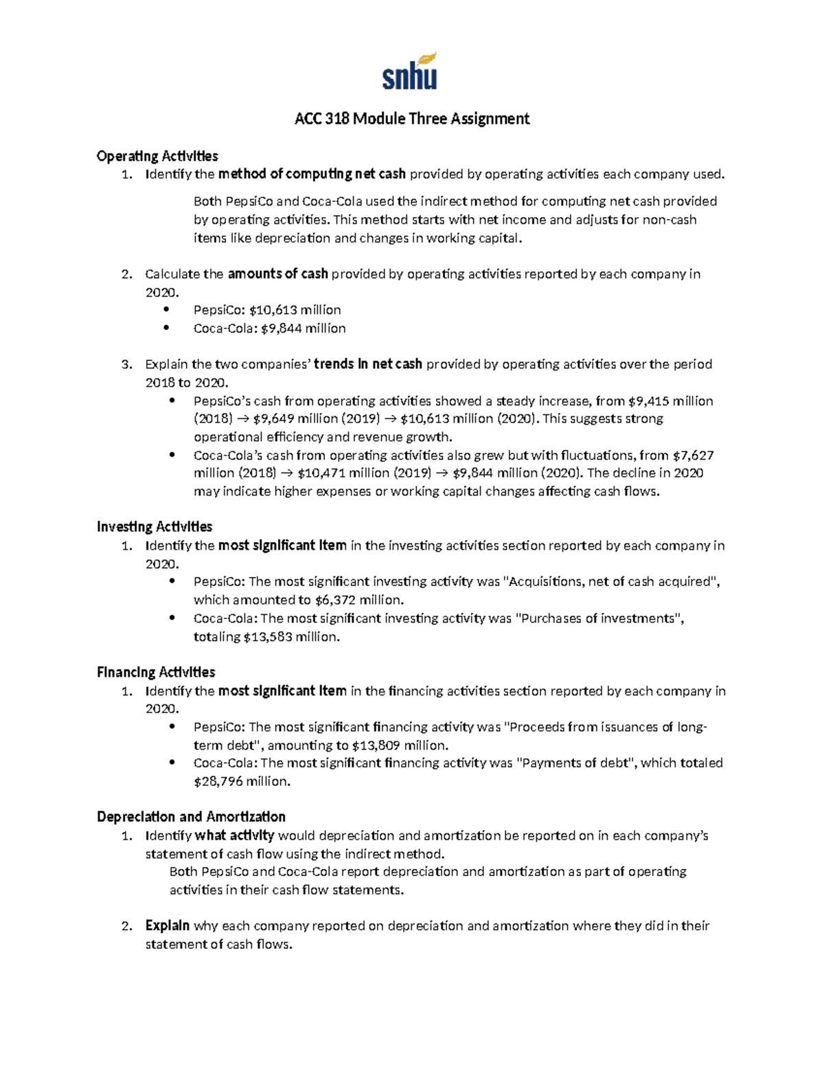 ACC 318 Module Three Assignment: Analysis of Cash Flow Activities - Studocu
