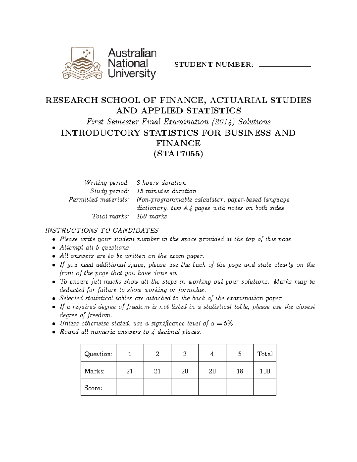Final Exam Solutions for STAT7055 - Introductory Stats 2014 - Studocu