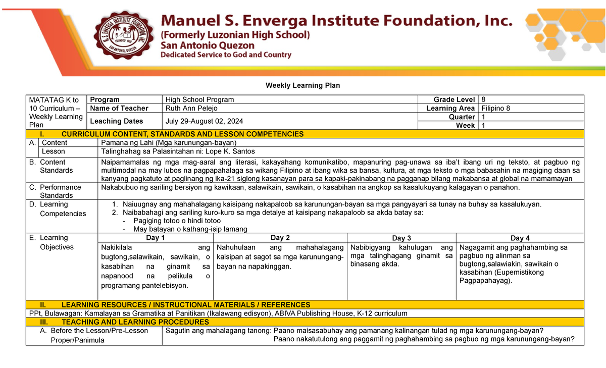 Filipino 8 Weekly Learning Plan for Q1 W1 by Ruth Ann Pelejo - Studocu